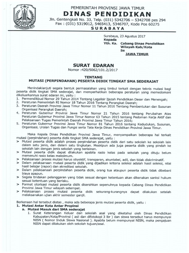 Surat Edaran Kepala Dinas Pendidikan Provinsi Jawa Timur Nomor ... Surat Edaran Kepala Dinas Pendidikan Provinsi Jawa Timur Nomor ...