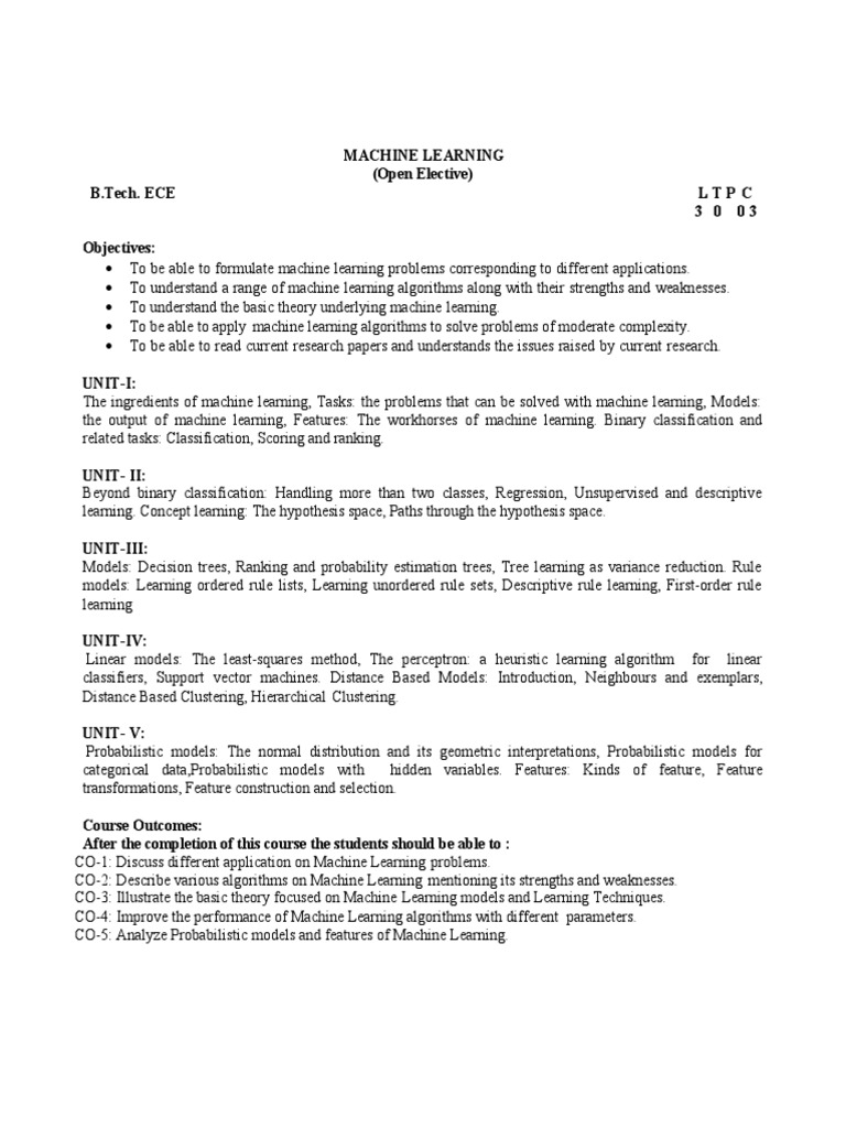 Machine Learning (Open Elective) B.Tech. ECE LTPC 3 0 0 3 Objectives | Download Free PDF ...