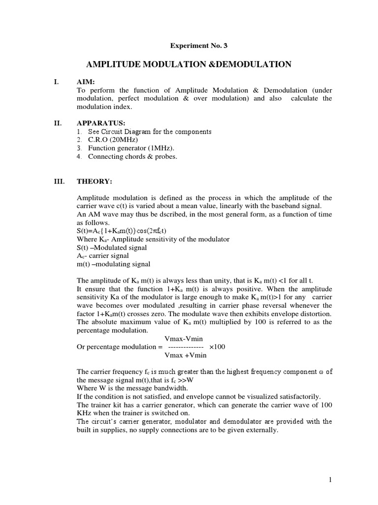 Amplitude Modulation &demodulation: Experiment No. 3 | PDF | Modulation ...