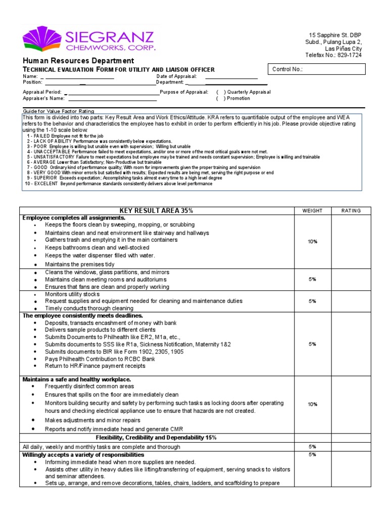 Technical Evaluation Form For Utility and Liaison Officer | PDF ...