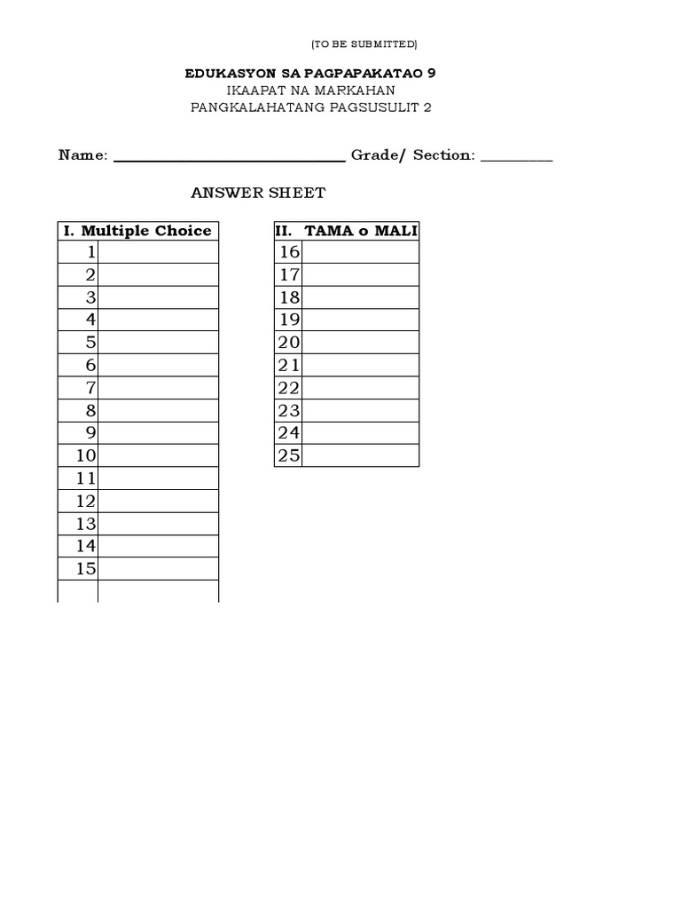 Answer Sheet Name: - Grade/ Section | PDF