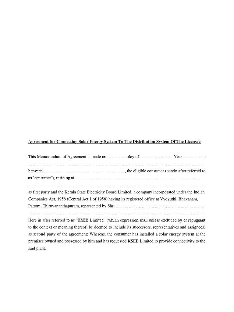 Agreement For Connecting Solar Energy System To The Distribution System ...
