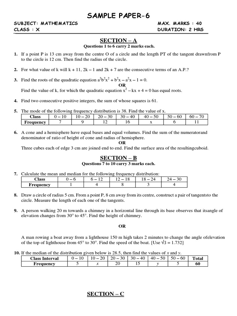 CL-10 Maths Term 2 Standard Sample Paper | PDF | Circle | Sphere