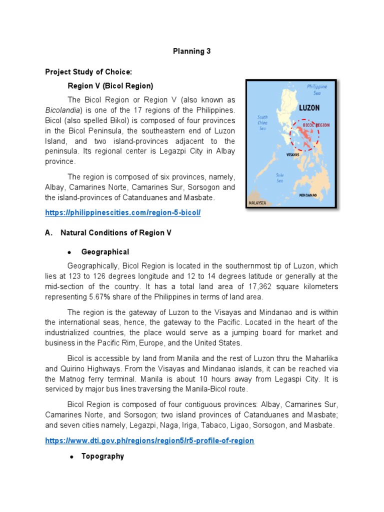 Planning 3 Project Study of Choice: Region V (Bicol Region ...