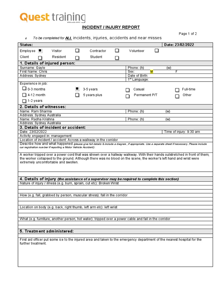 Incidents, Injuries, Accidents and Near Misses: Incident / Injury ...