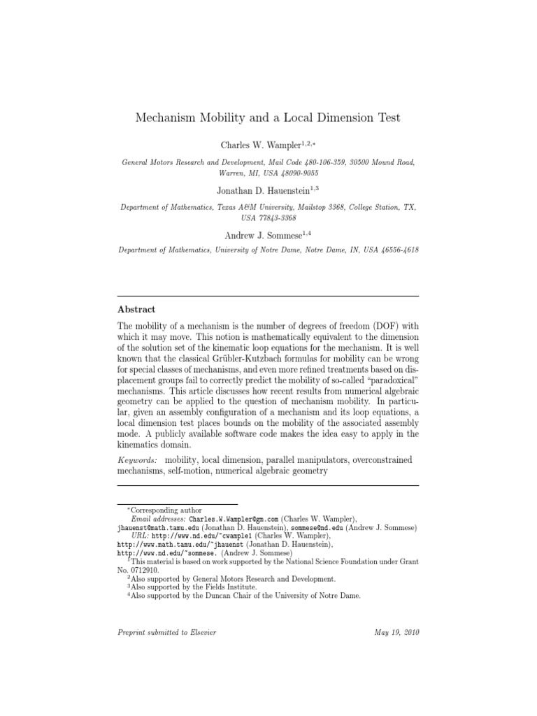 Mechanism Mobility and A Local Dimension Test | PDF | Equations ...