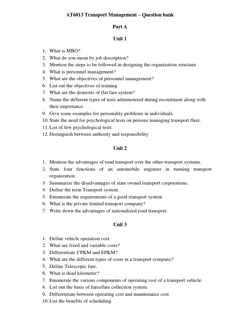 Transport Management Question Bank | PDF | Transport | Vehicles