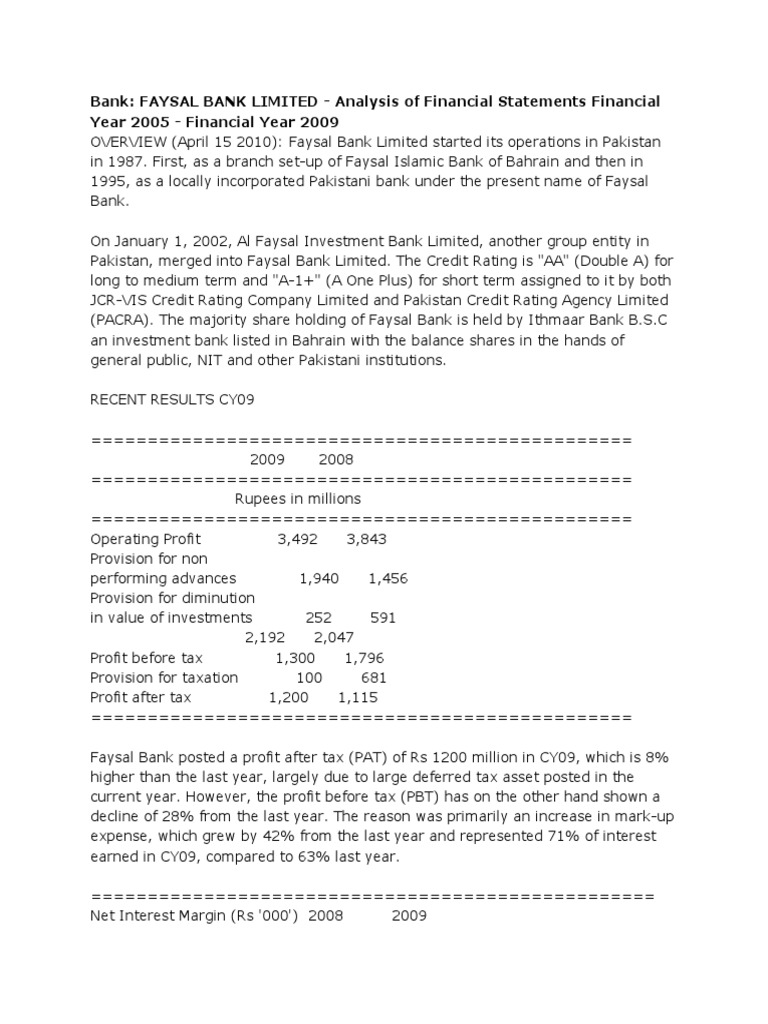Bank: FAYSAL BANK LIMITED - Analysis of Financial Statements Financial ...