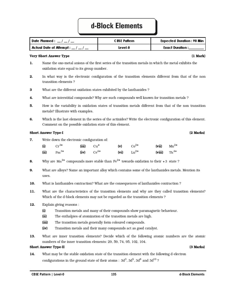 D-Block Elements Workbook | PDF | Transition Metals | Lanthanide