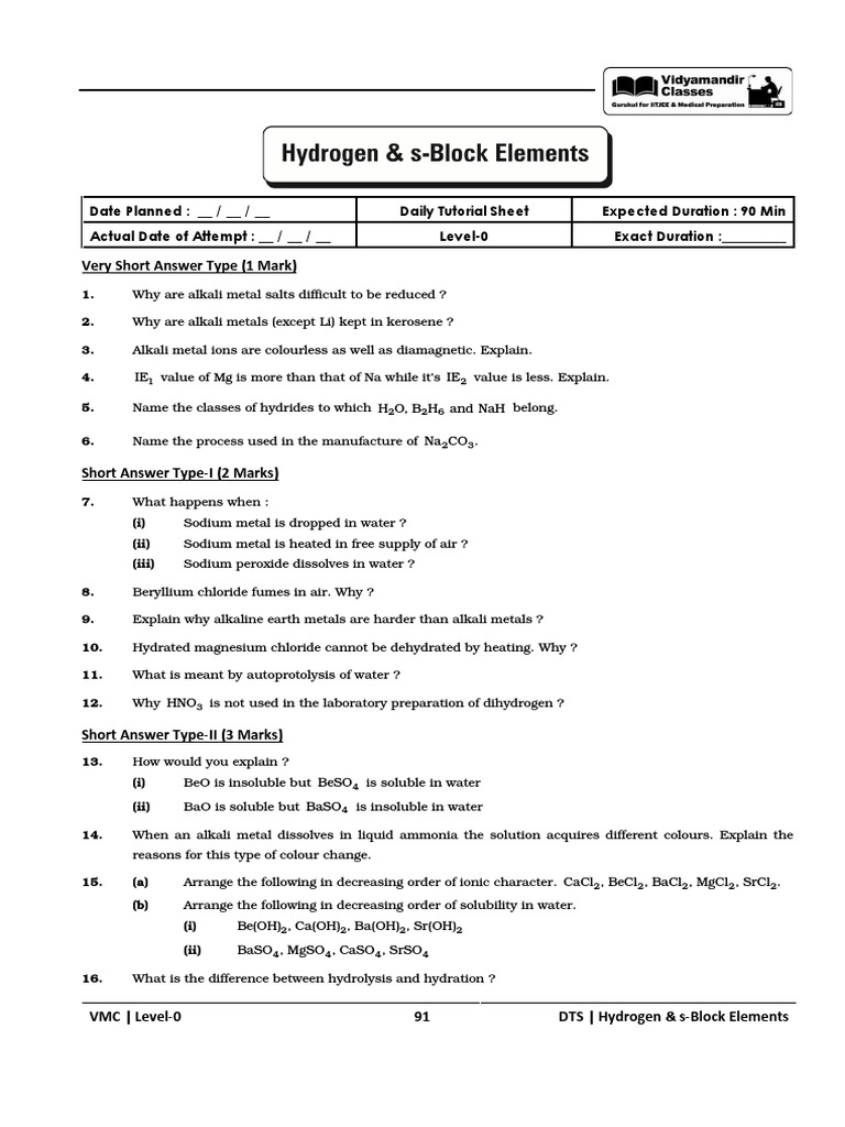 Hydrogen & S-Block Elements - Workbook | PDF | Sodium Hydroxide | Sodium
