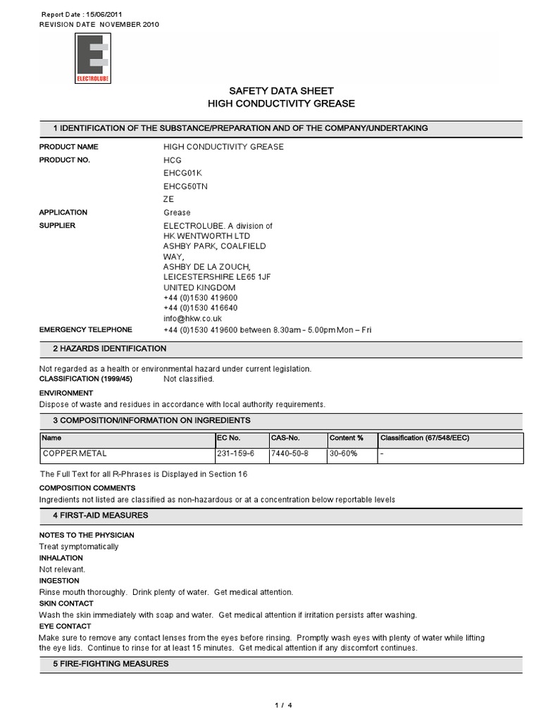 MSDS ELECTROLUBE HCG Highly Conductive Grease Eng | PDF | Occupational ...