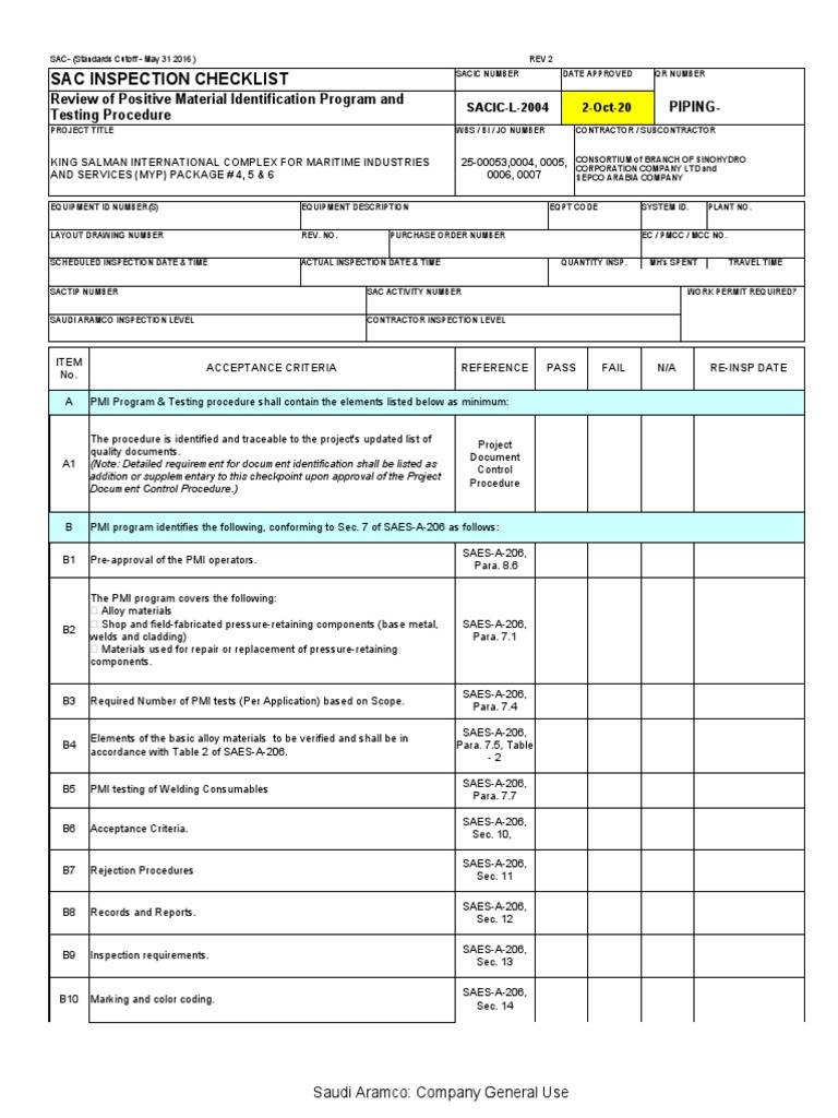 Sac Inspection Checklist: Piping-Review of Positive Material ...