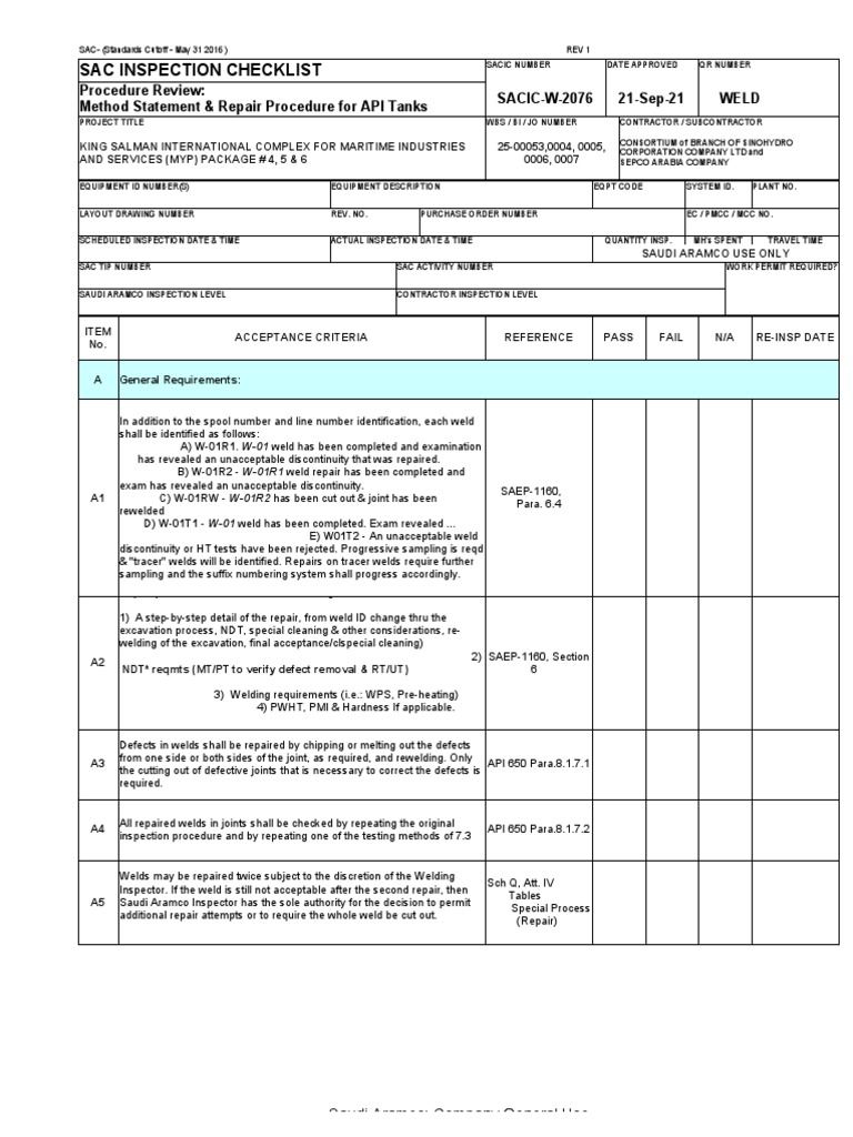 Sac Inspection Checklist: SACIC-W-2076 21-Sep-21 Weld Procedure Review ...