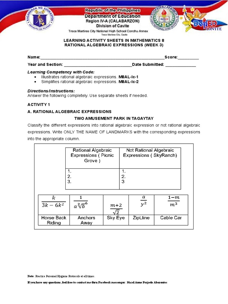 Math 8 Activity Sheets: Rational Expressions | PDF | Abstract Algebra ...