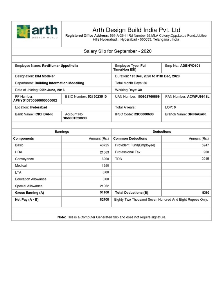 Arth Design Build India Pvt. LTD: Salary Slip For September - 2020 | PDF