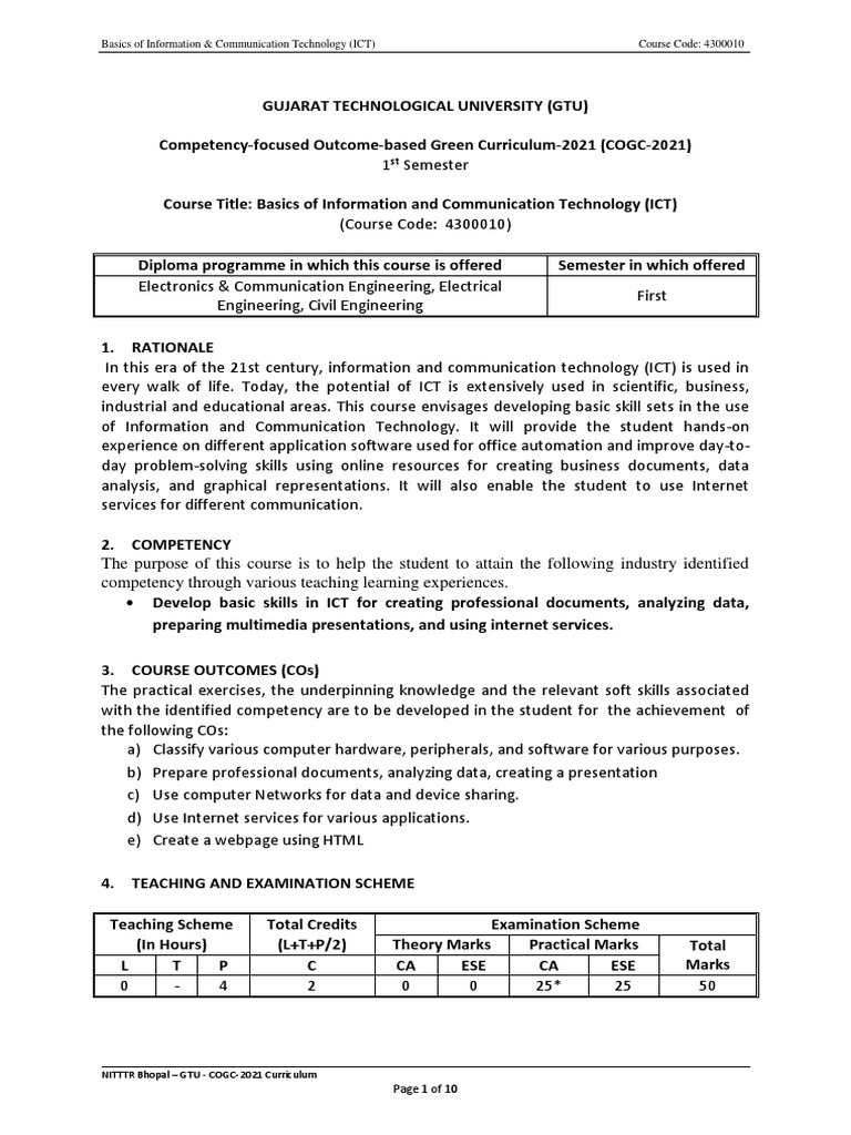 Basics of Information & Communication Technology (ICT) Course Code ...