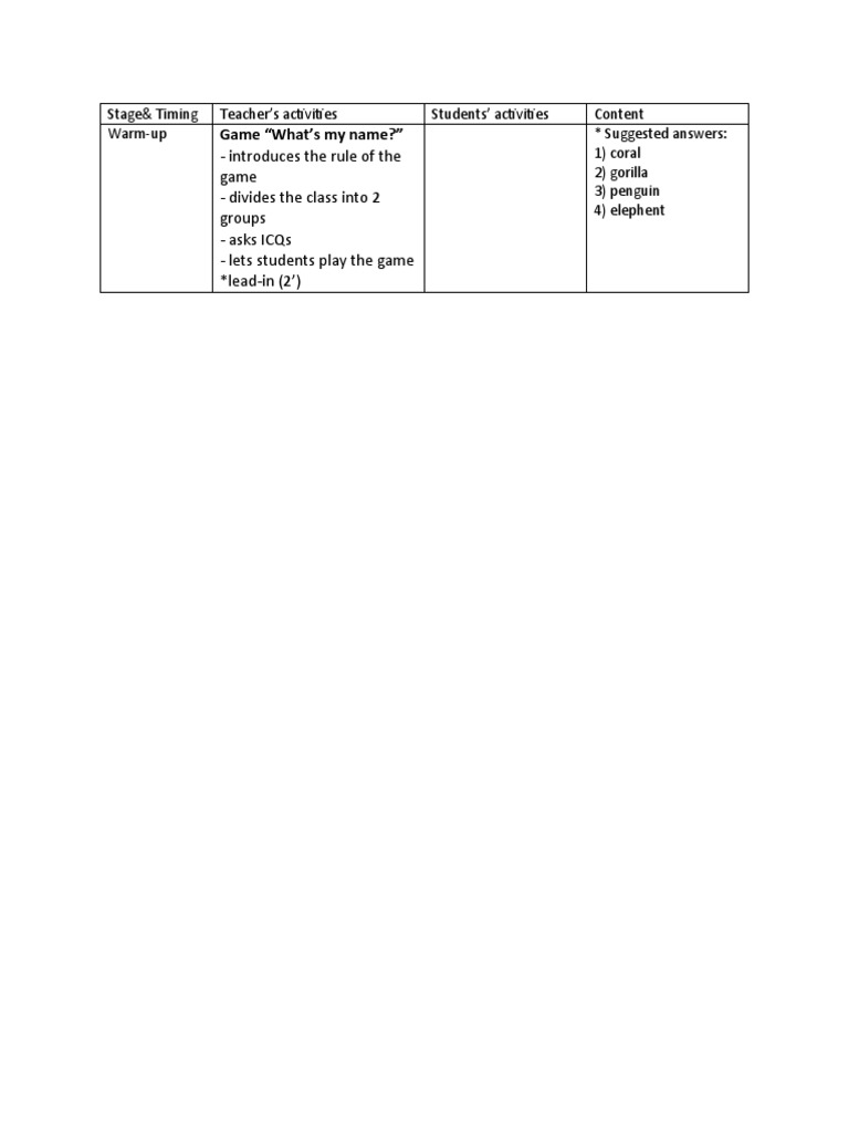 Lesson Plan Warm Up U10g10 KNGD | PDF