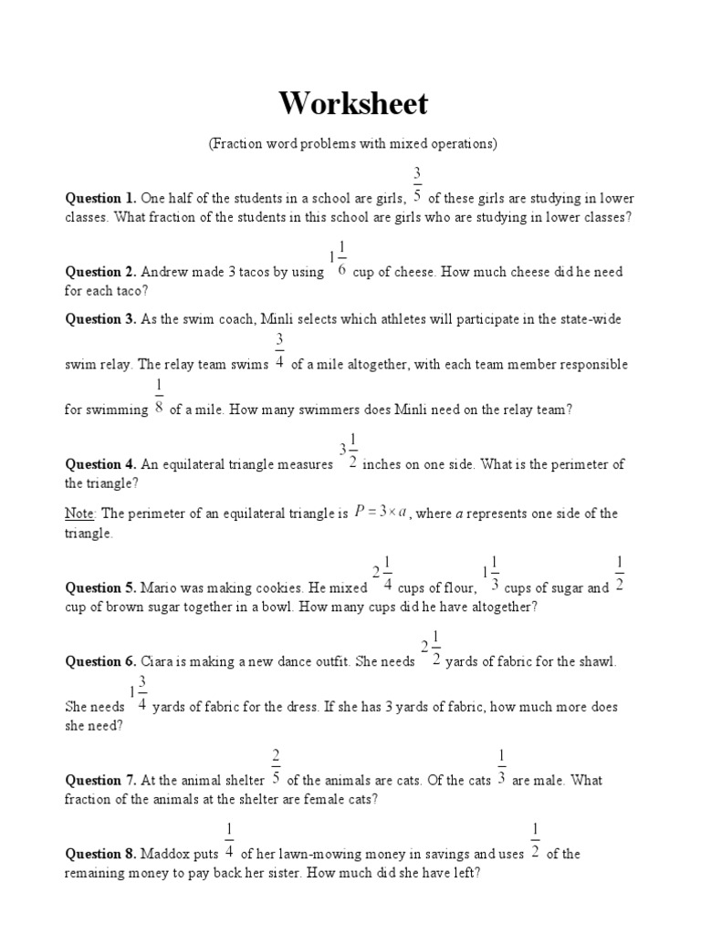Mixed Operations Fraction Word Problems | PDF | Wellness