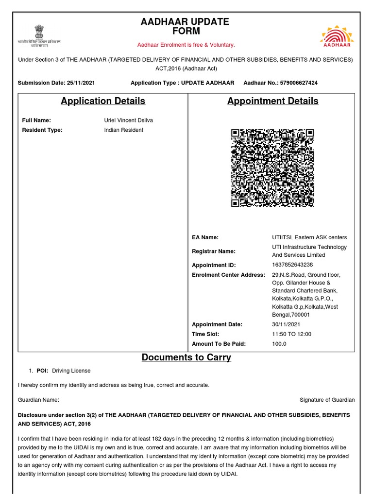 Aadhaar Update Form: Aadhaar Enrolment Is Free & Voluntary | PDF ...