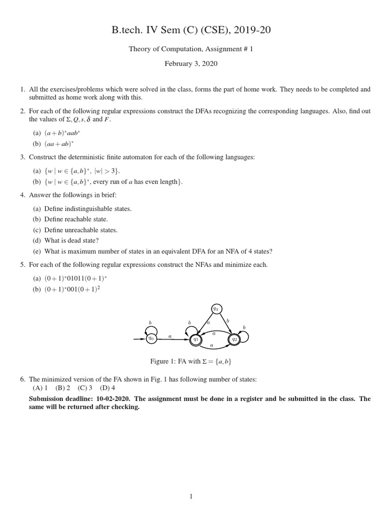 B.tech. IV Sem (C) (CSE), 2019-20: Theory of Computation, Assignment # 1 February 3, 2020 | PDF