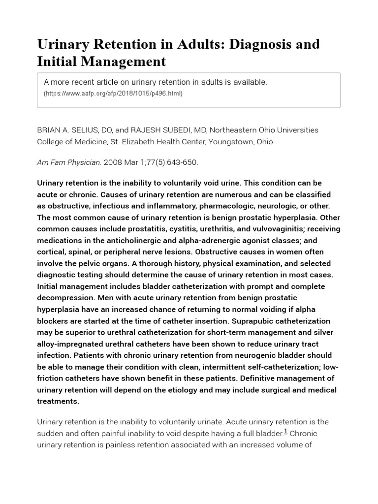 Urinary Retention In Adults Diagnosis And Initial Management