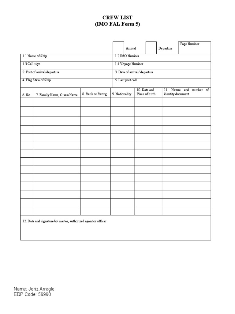 Crew List (IMO FAL Form 5) : Name: Joriz Arreglo EDP Code: 56960 | PDF