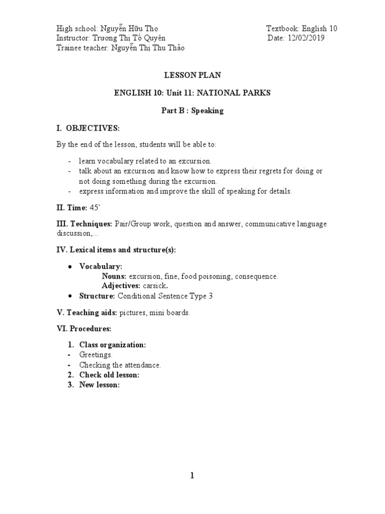 Lesson Plan U11 - Speaking - G10 | PDF | Lesson Plan | English Language