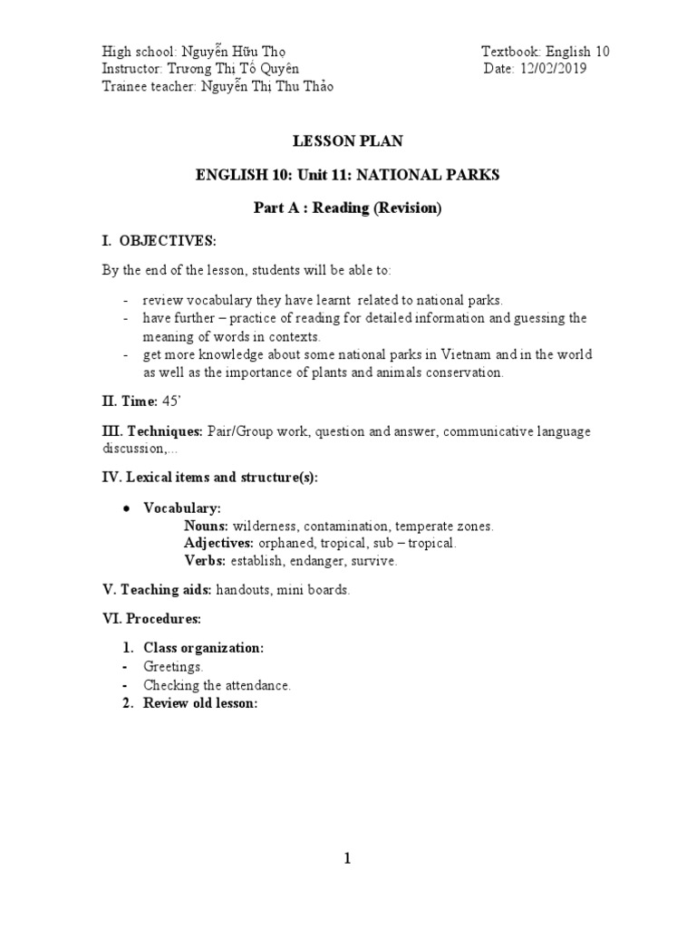 English 10: National Parks Lesson | PDF | Vocabulary | Lesson Plan
