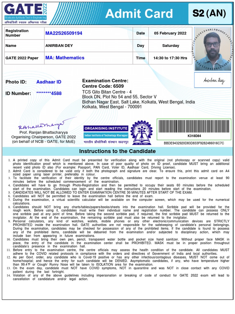 Instructions To The Candidate: Examination Centre: Centre Code: 6509 ID ...