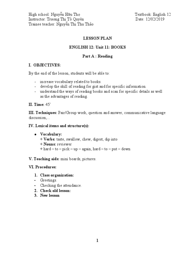 English 12 Lesson Plan: Unit 11 Books | PDF | Lesson Plan | English ...