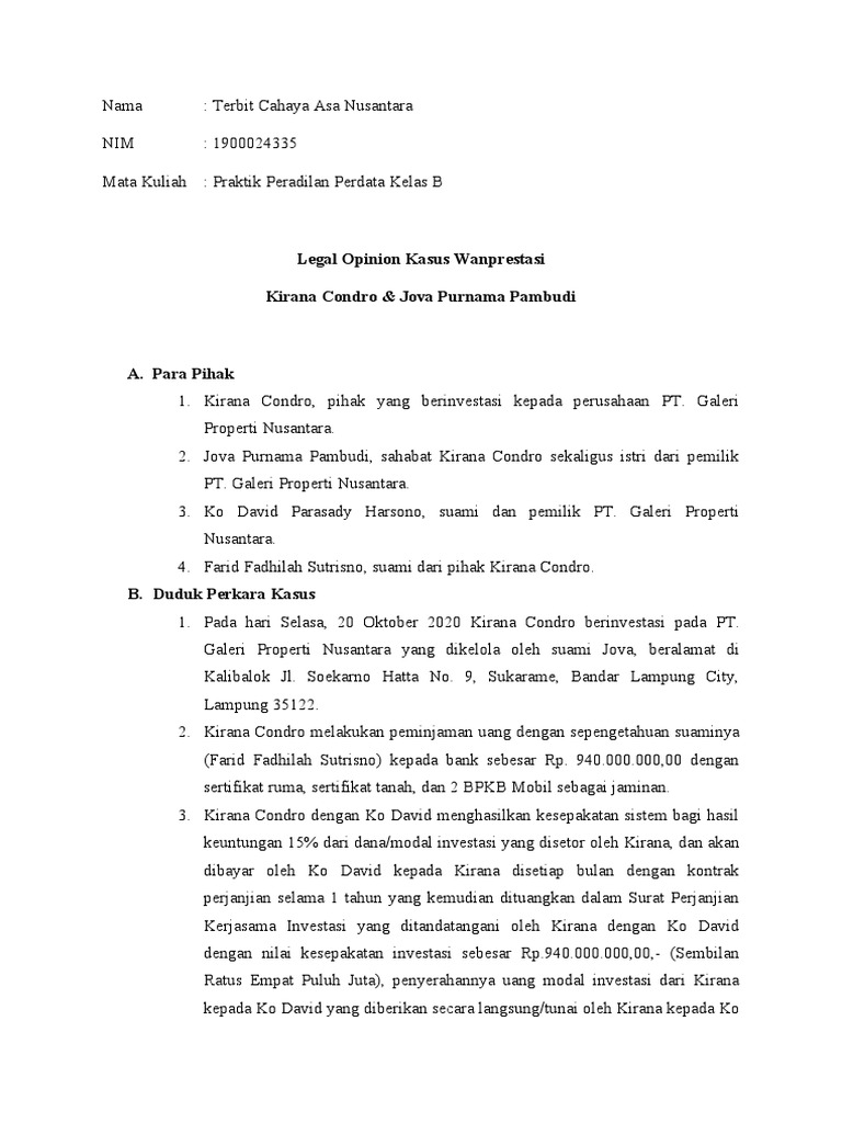 Terbit - 1900024335 - Legal Opinion Kasus Wanprestasi | PDF