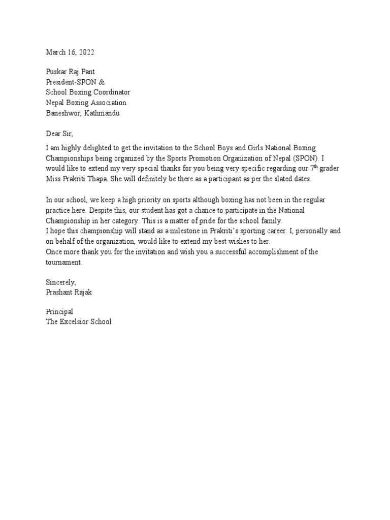 Prakriti Thapa Letter For Boxing Participation | PDF