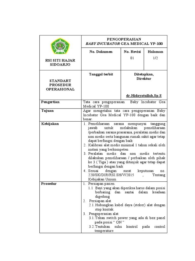 SPO Pengoperasian Baby Incubator GEA Medical YP 100, 2016 | PDF