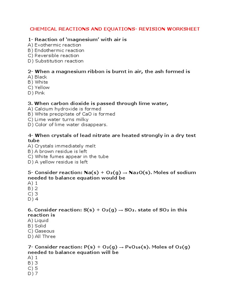 Chemical Reactions and Equations-Revision Worksheet | PDF | Chemical ...