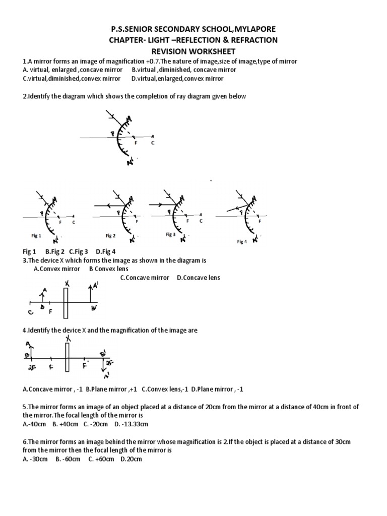 Light Reflection & Refraction Worksheet | PDF | Mirror | Natural Philosophy