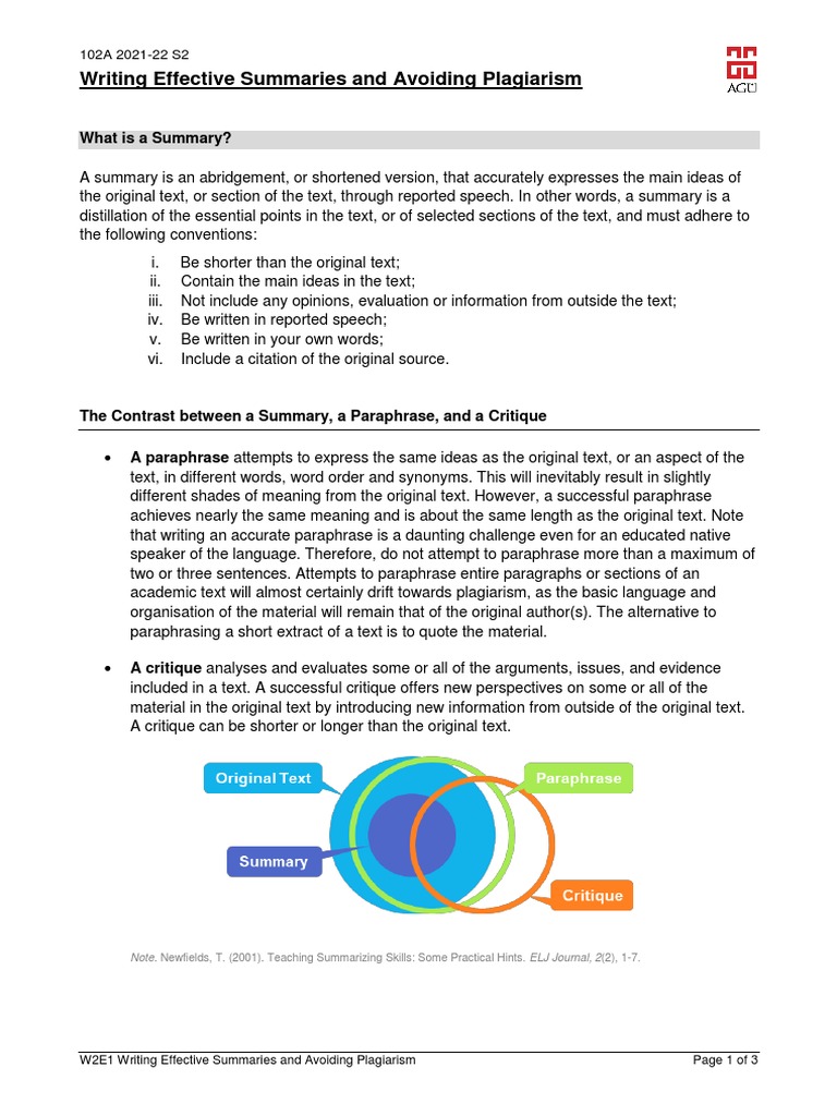 Writing Effective Summaries and Avoiding Plagiarism: What Is A Summary ...