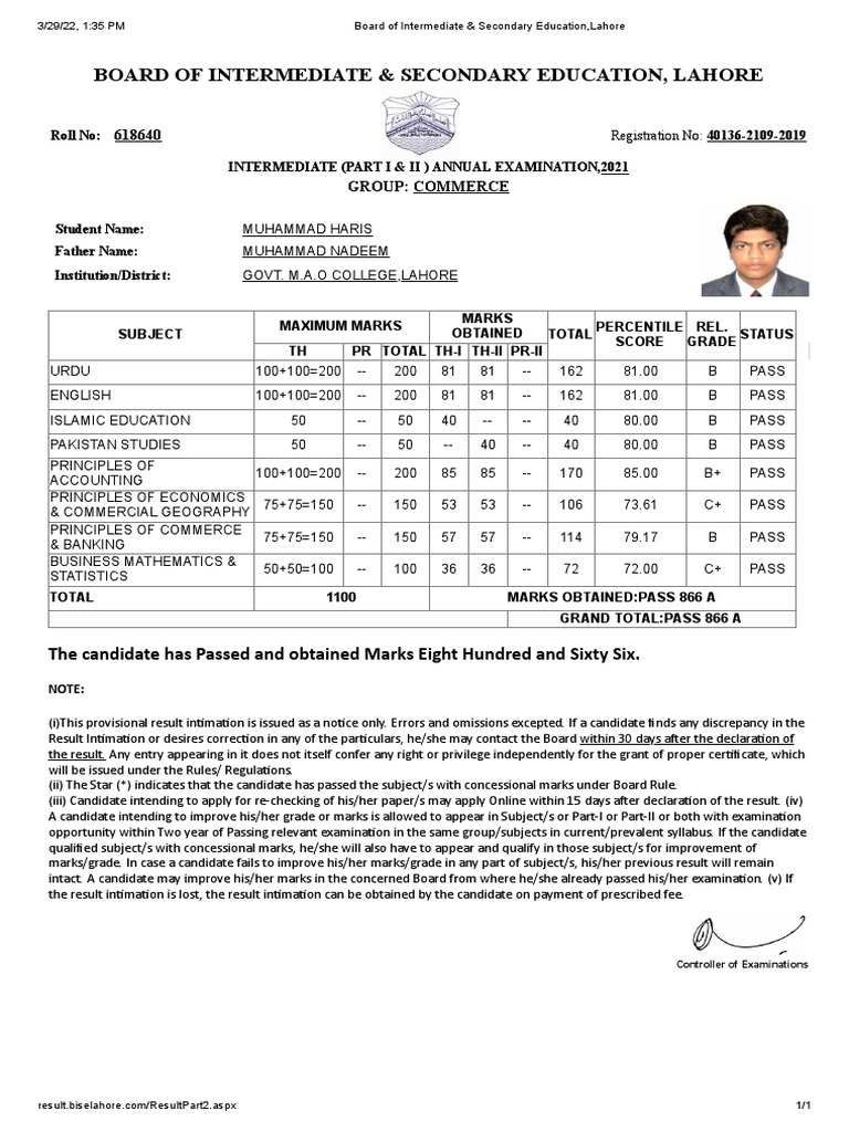 HARIS Intermediate Result Card | PDF