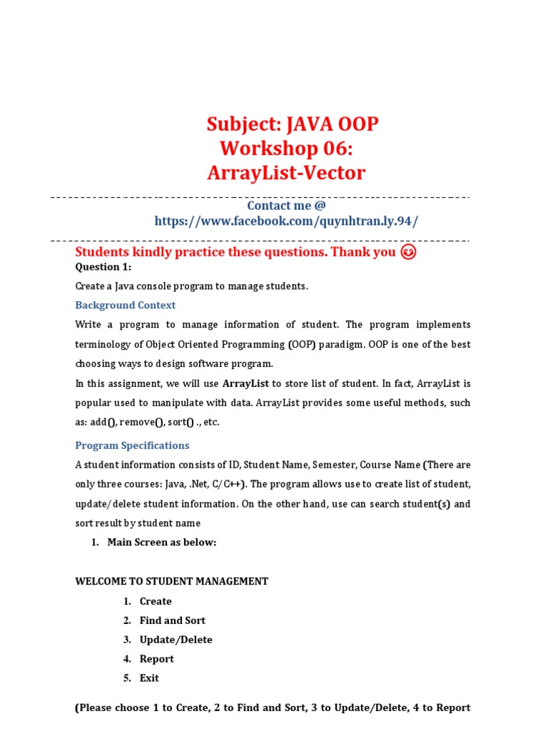 Subject: Java Oop Workshop 06: Arraylist-Vector: Students Kindly Practice These Questions. Thank ...