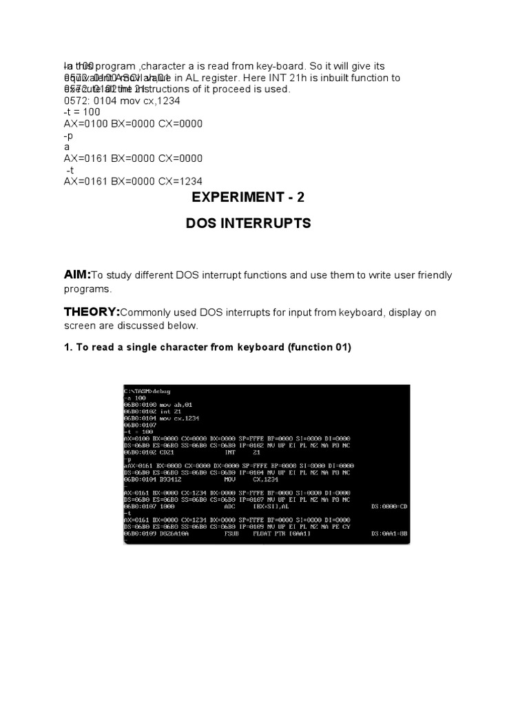 Experiment - 2 Dos Interrupts: Aim: Theory | PDF | String (Computer Science) | Assembly Language