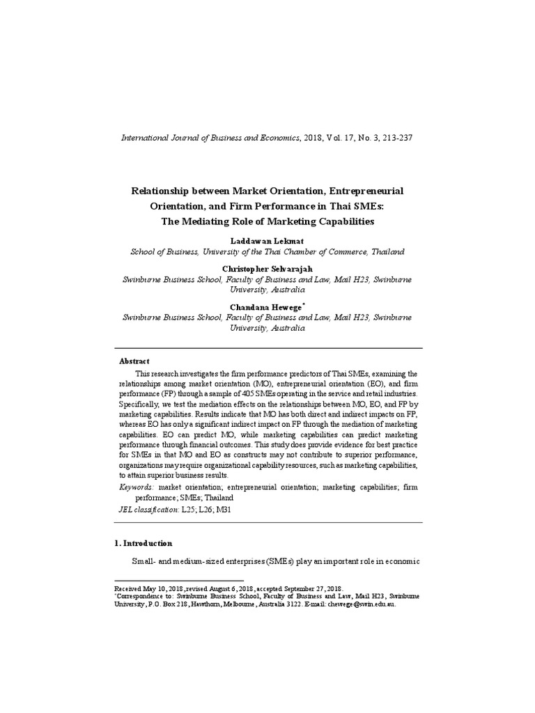 Relationship Between Market Orientation, Entrepreneurial Orientation, and Firm Performance in ...