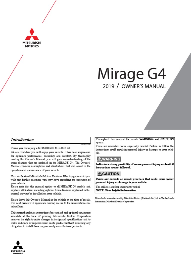 2019 Mitsubishi Mirage g4 Owners Manual | PDF | Gasoline | Airbag