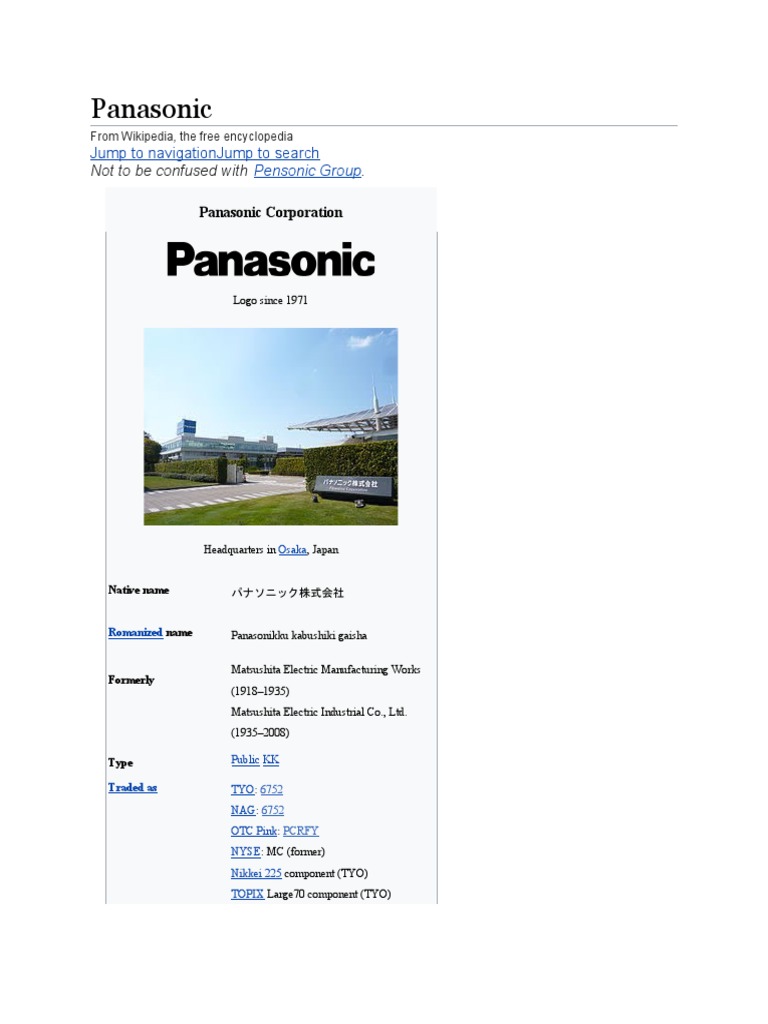 Panasonic: Jump To Navigation Jump To Search | PDF