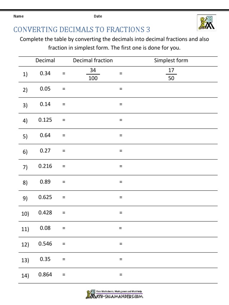 Converting Decimals To Fractions 3: Name Date | PDF | Notation | Mathematical Concepts