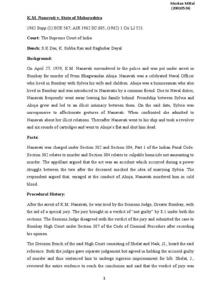 K.M. Nanavati v. State of Maharashtra (Case Brief) | PDF | Crimes ...