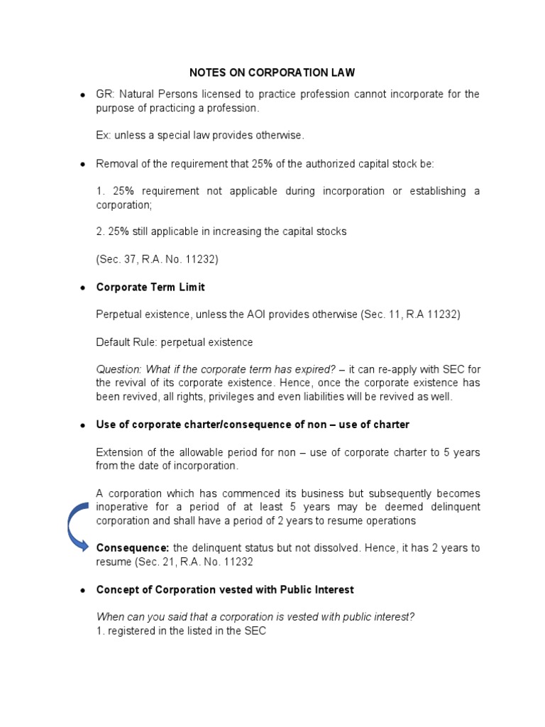 Notes On Corporation Law | PDF | Corporations | Stocks