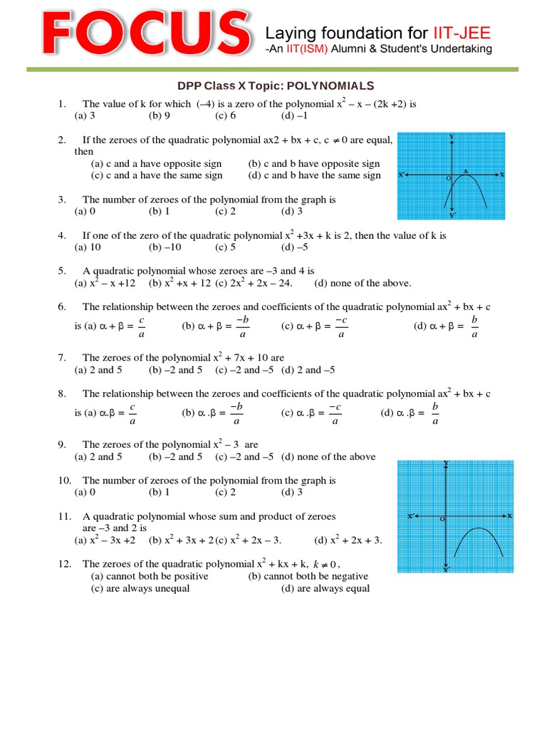 MCQ Worksheet-I: Class X: Chapter - 2 Polynomials | PDF | Quadratic Equation | Polynomial