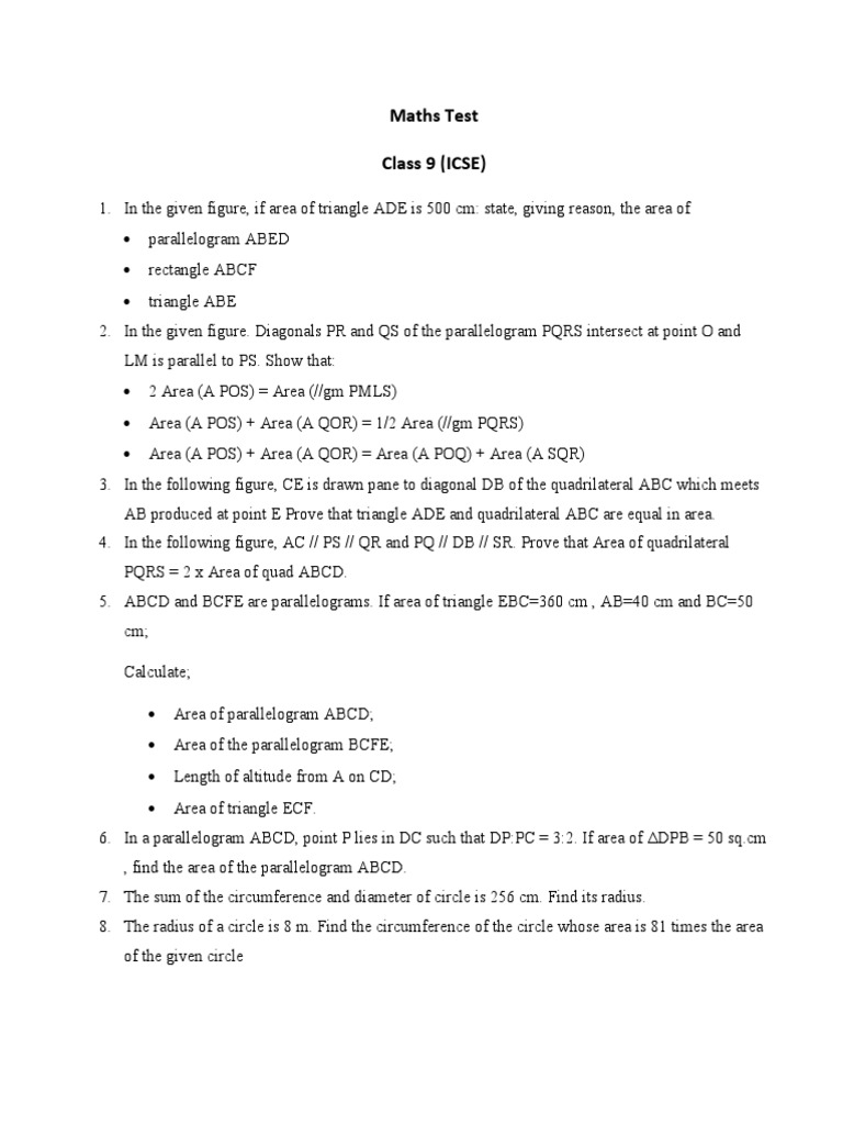 Maths Test Class 9 (ICSE) | PDF | Area | Circle