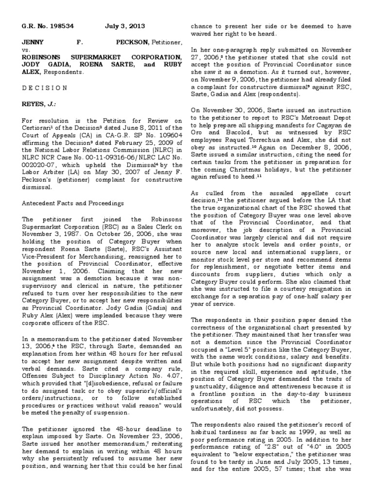 G.R. No. 198534 July 3, 2013 Jenny F. PECKSON, Petitioner, Robinsons ...