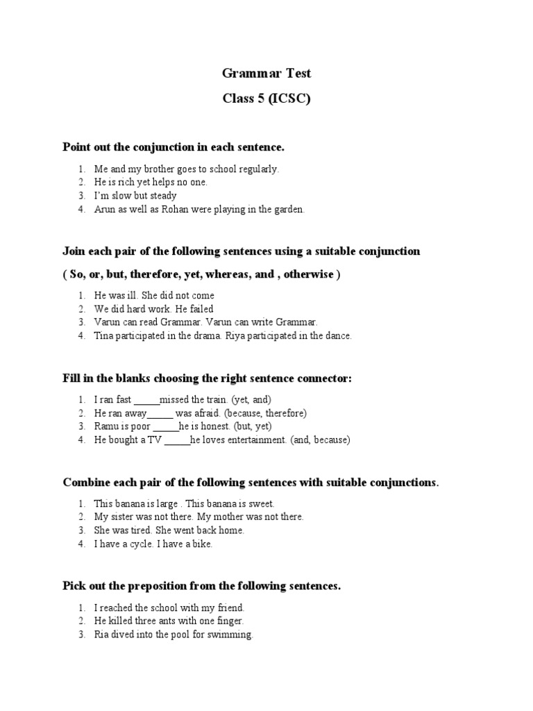 Grammar Test Class 5 (ICSC) | PDF | Grammar | Linguistics