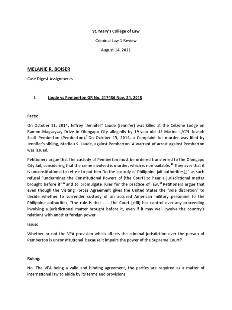 Criminal Law 1 Review Case Digest | PDF | Jurisdiction | Arrest